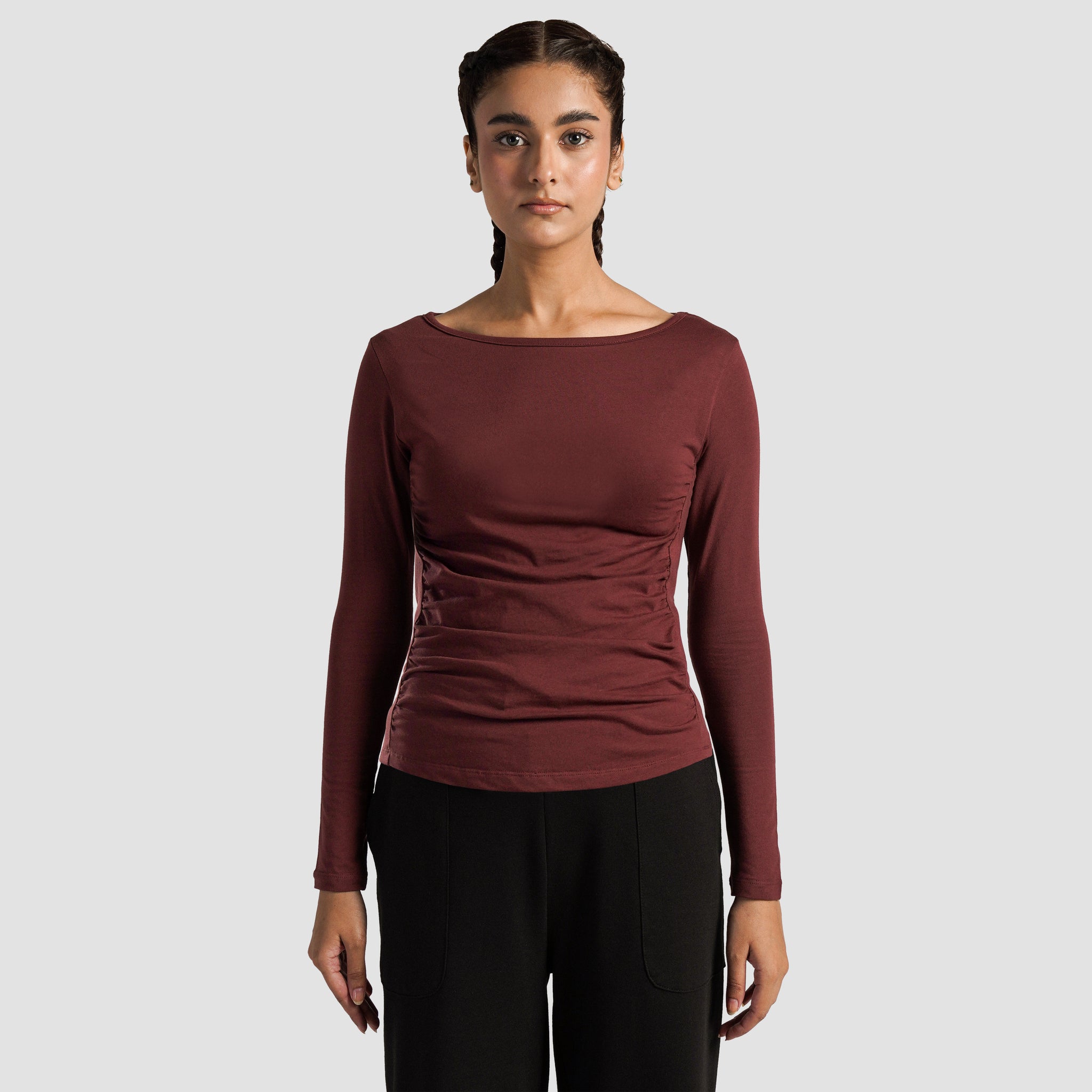 Side Gather Top (Maroon) for Workout | Women gym wear Pakistan | GymArmour